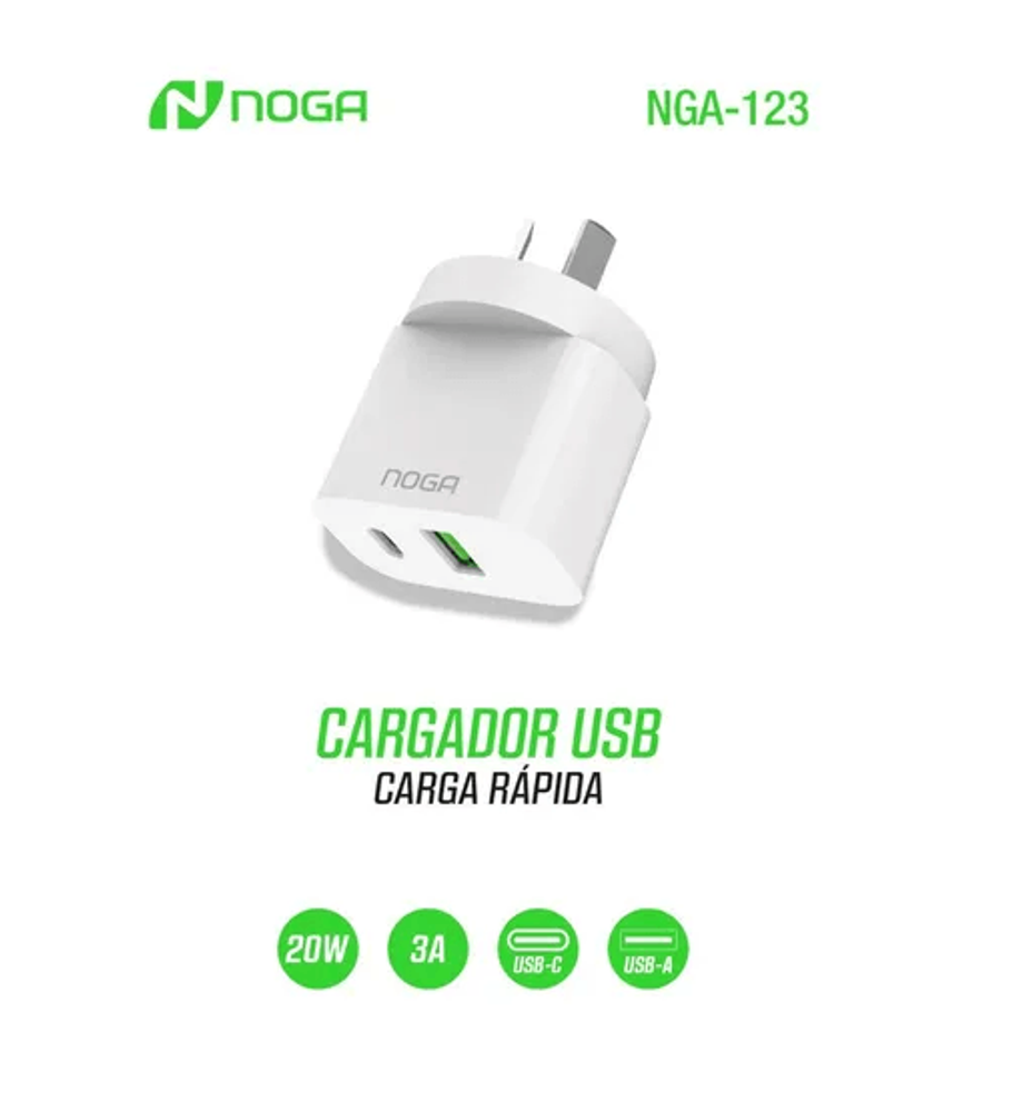 Cargador 220v A Usb Carga Rapida + Pd 20w Blanco Nga-123