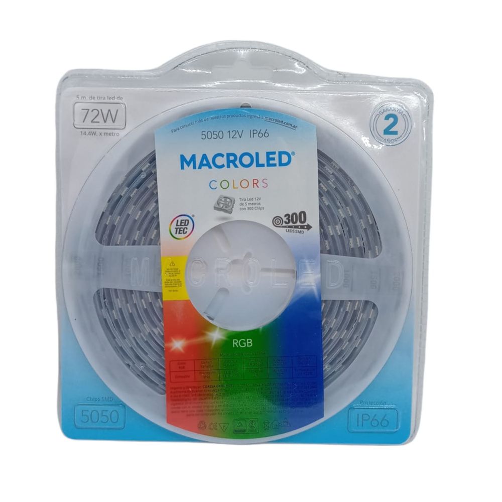 cinta led 72w 12v 5050 ip 66 x 5 mts macroled rgb