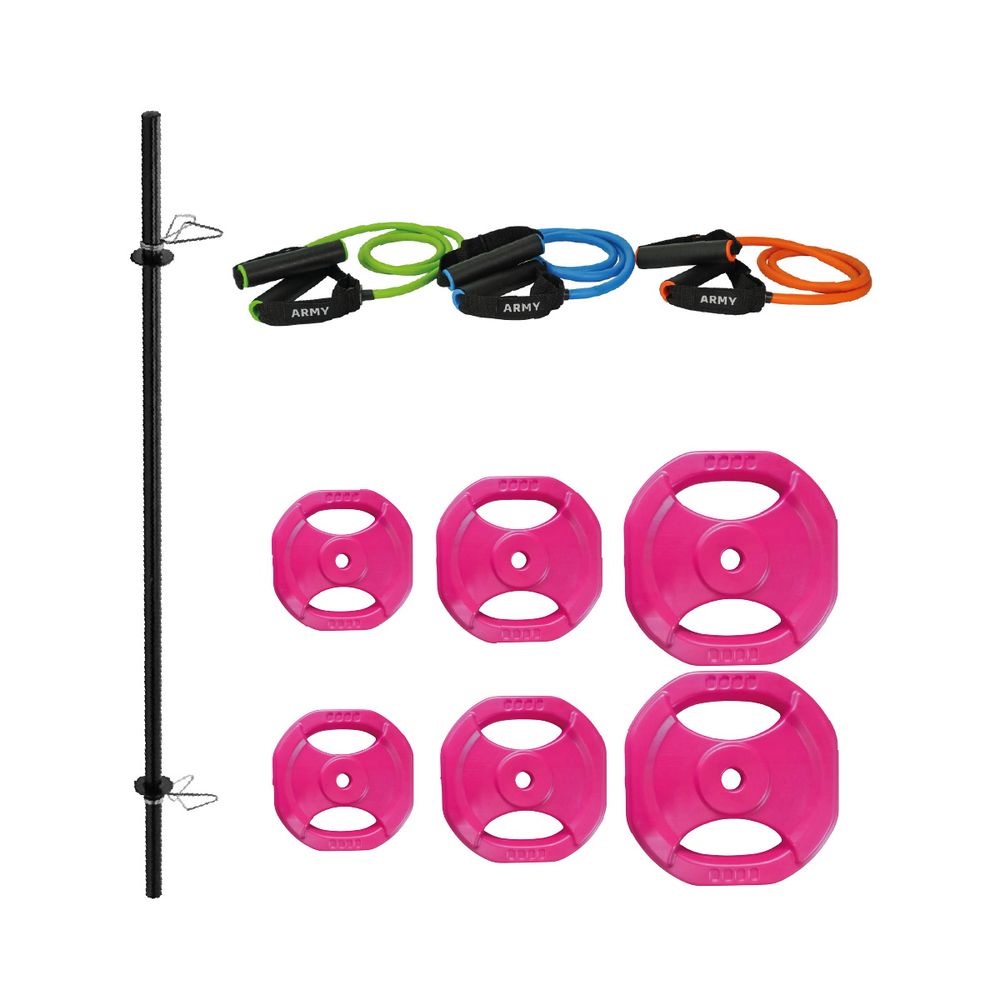 Kit Gym Body Pump Barra+ 17kg Discos Color Rosa+ Bandas Funcioanles