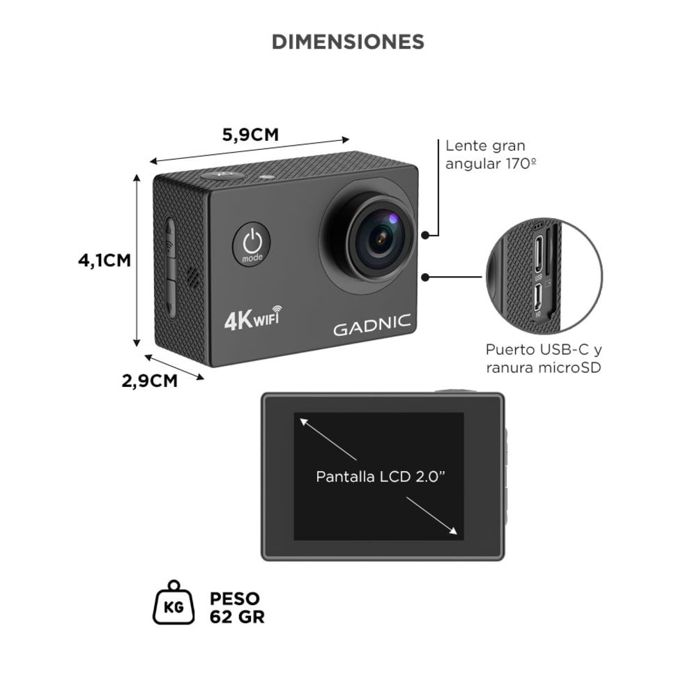 Cámara Deportiva Gadnic AIR 4K WiFi Pantalla LCD 2 Pulgadas Gran ...