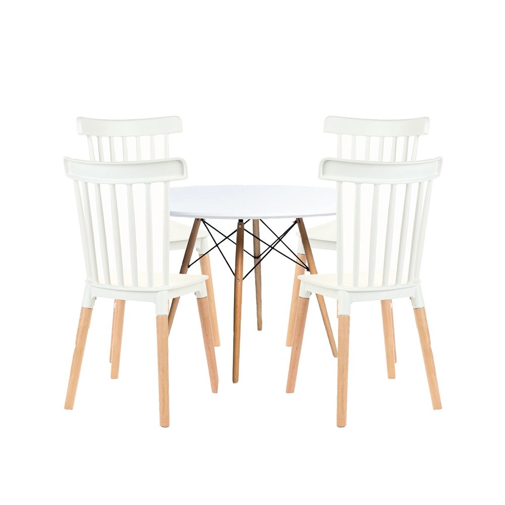 Set de Mesa Eames Laqueada 90cm + 4 Sillas Windsor Color Blancas