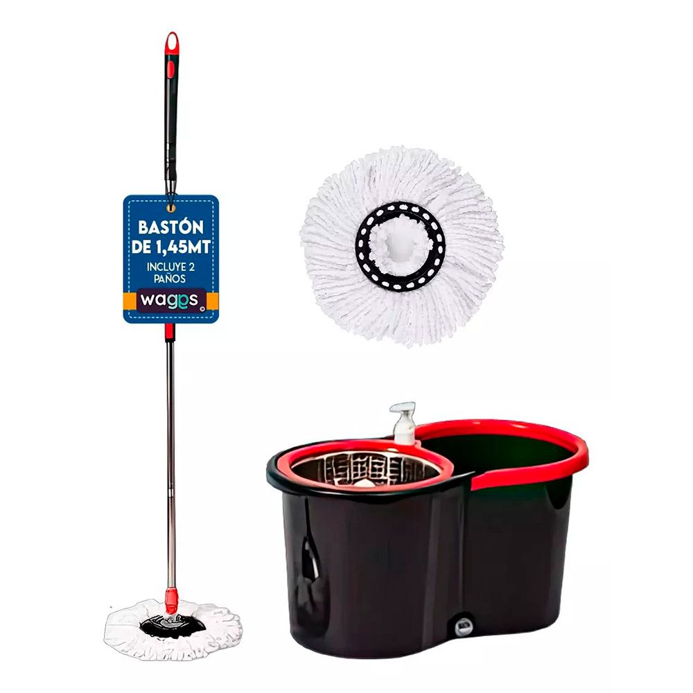 Mopa Balde Centrifugo Escurridor Lampazo Trapeador Waggs MSK-001 Negro y Rojo