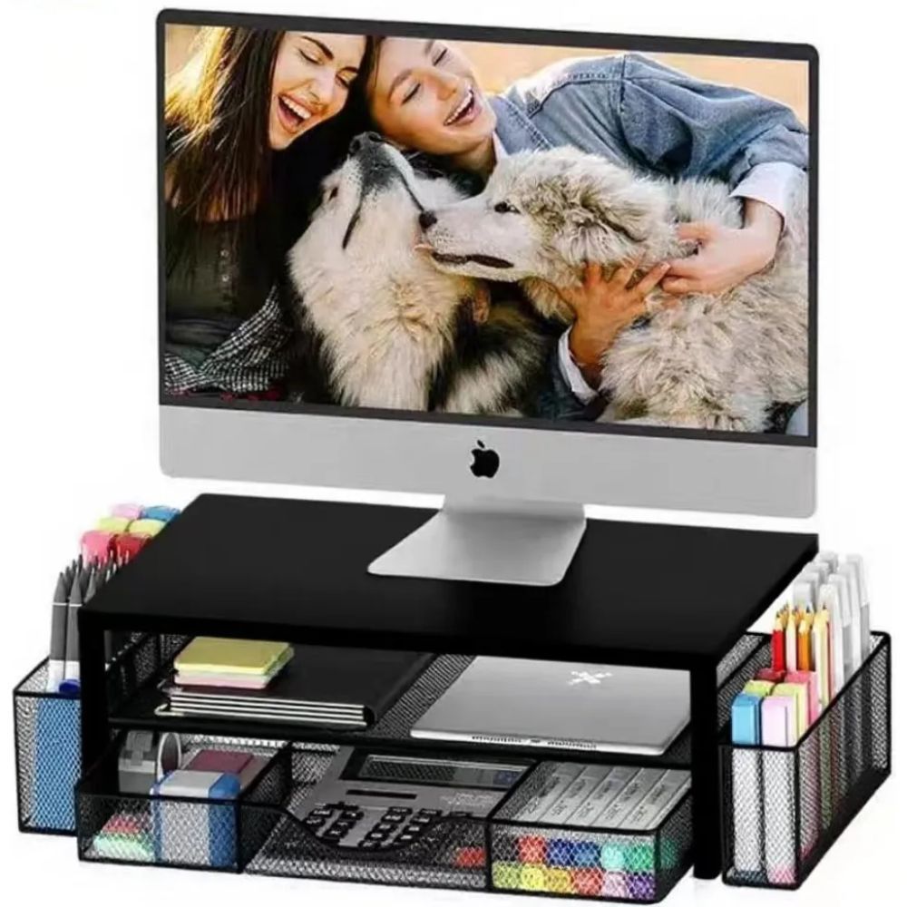 Base Elevadora Monitor Pc Organizador Escritorio C/ Estante Color Negro ...