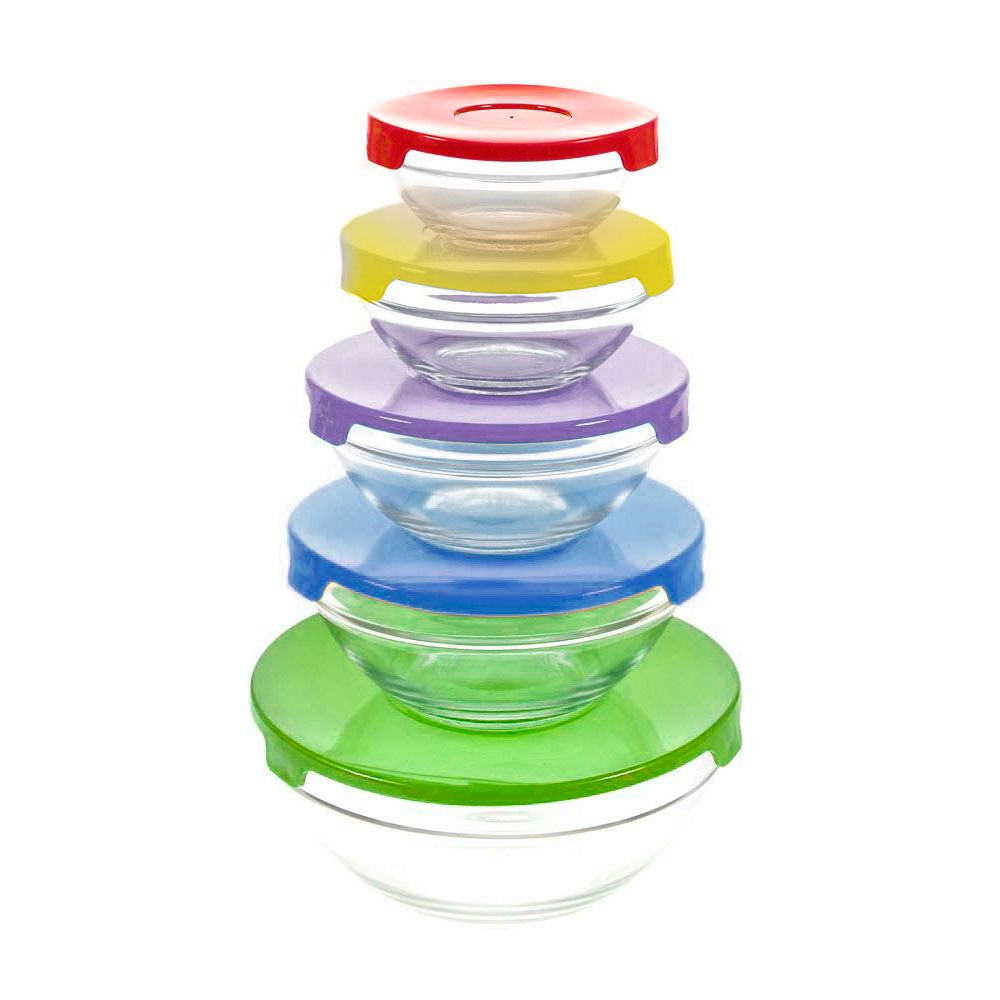 SET DE 5 BOWLS DE VIDRIO CON TAPA MULTICOLOR