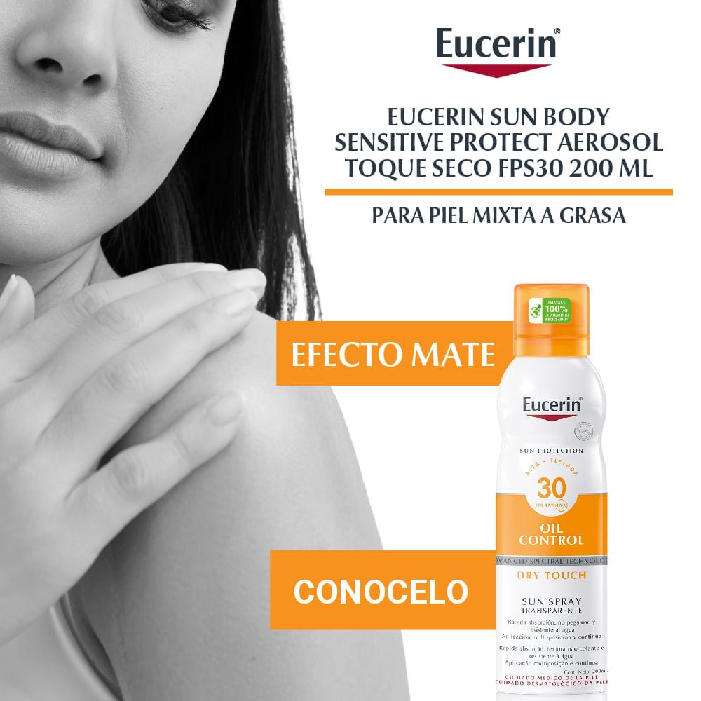 Protector solar corporal en spray Eucerin Toque Seco para piel sensible ...