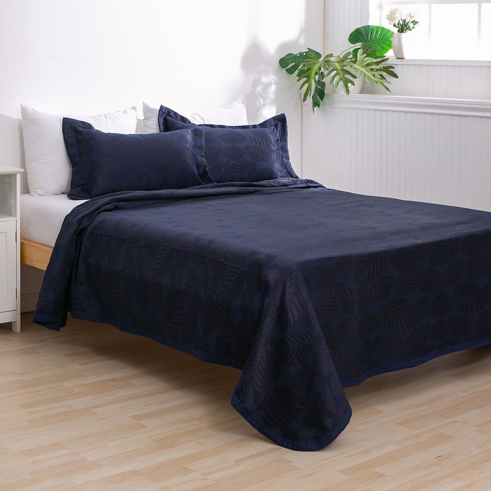 Cubrecama Oro Jacquard King Hojas Azul Oscuro