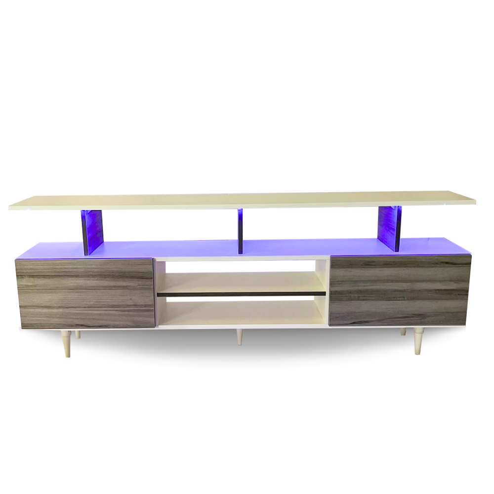 Rack Mueble TV con 2 puertas + LUZ LED Blanco y Flamenco
