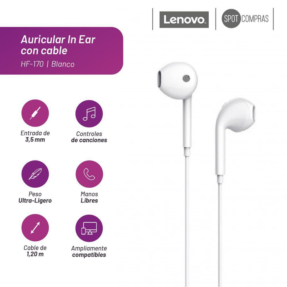 Auricular In-Ear Con Cable Lenovo Hf170 Blanco