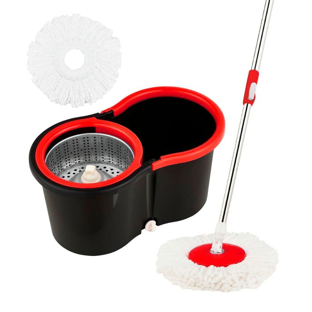 Mopa Balde Centrifugo Escurridor Lampazo Trapeador Spin Negro/Rojo
