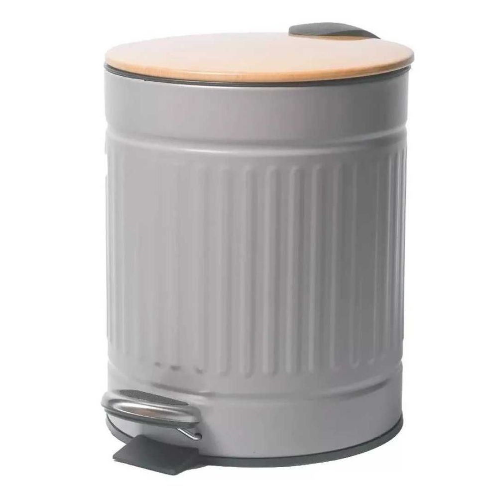 Tacho De Basura Pedal 5 Lts Color Gris Tapa Simil Madera