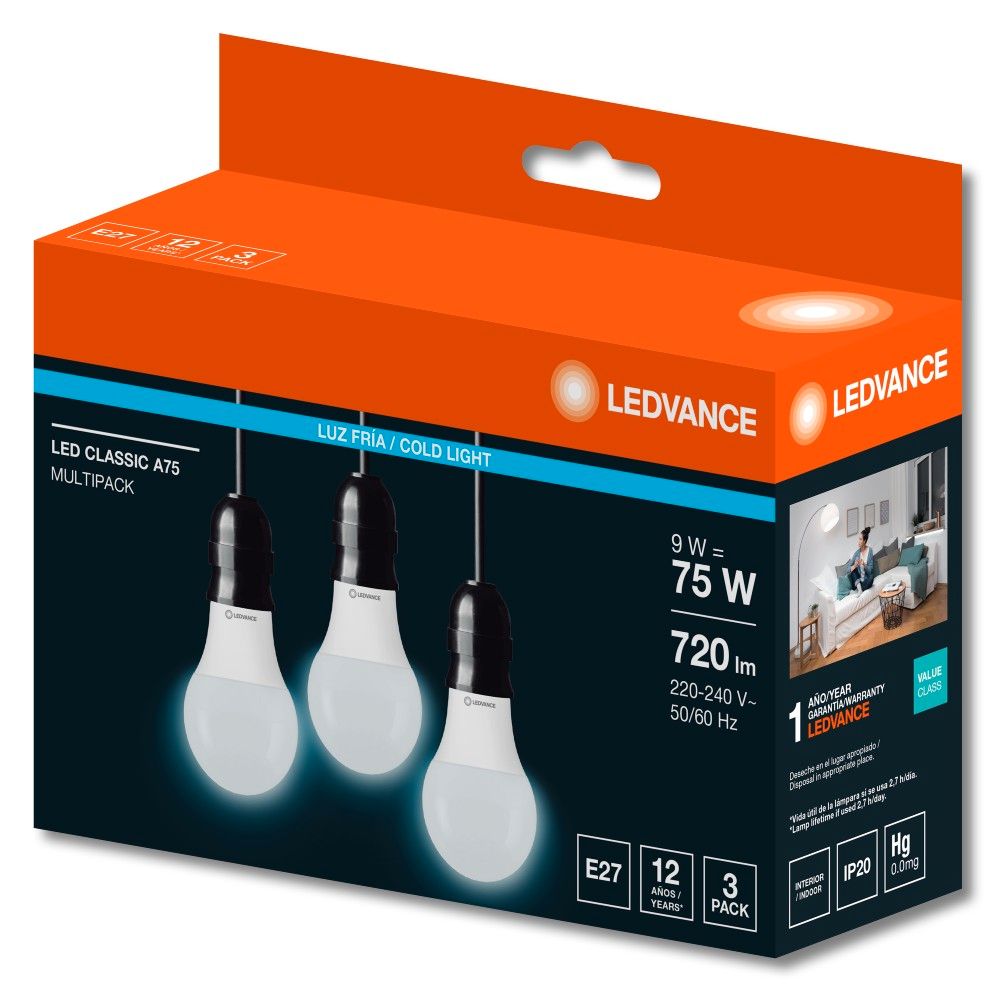 Foco LED x3 Ledvance 9W Fría E27