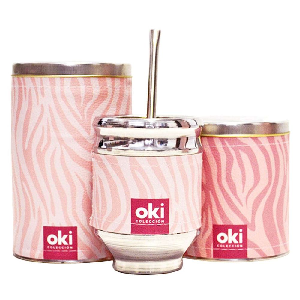 Combo mate aluminio, yerbera y azucarera Cebra rosa