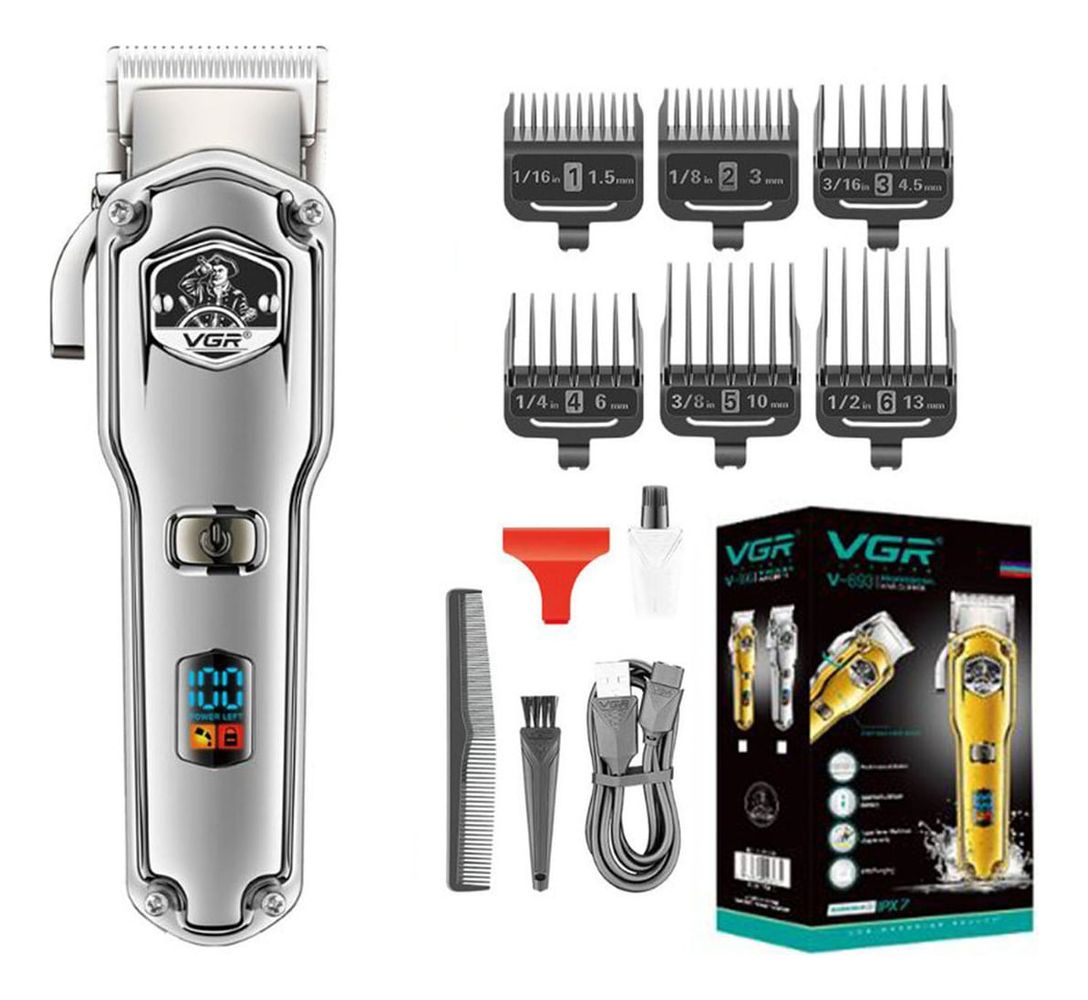 Maquina Corta Pelo Clipper Inalambrica Vgr V-693 Led Usb Plateado