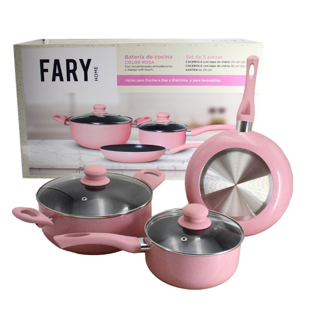 Set Ollas Fary Home Bateria Cocina 5 Piezas Antiadherentes Rosa