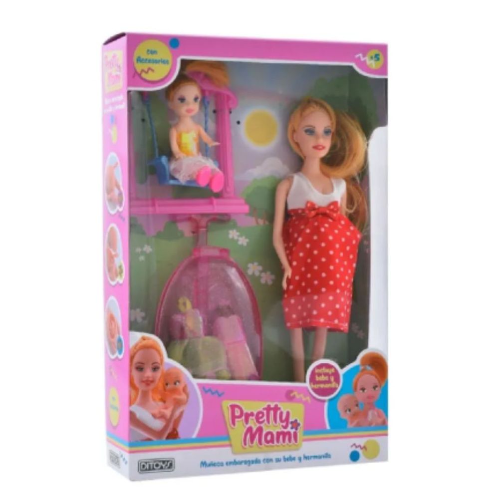 Muñeca Pretty Mami Con Bebe Hermanita Y Juego Ditoys 2314 Hamaca