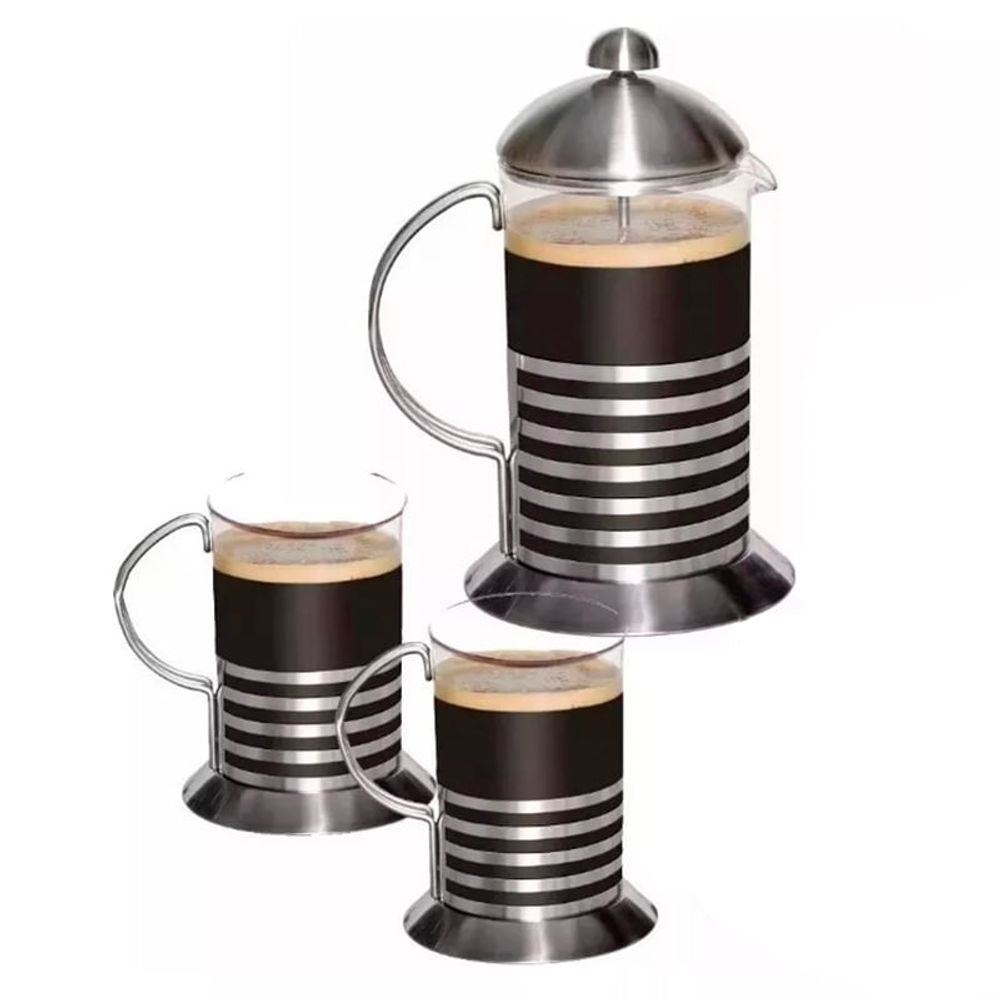 Set Cafetera Con Émbolo 400ml + 2 Jarritos de Vidrio Y Acero