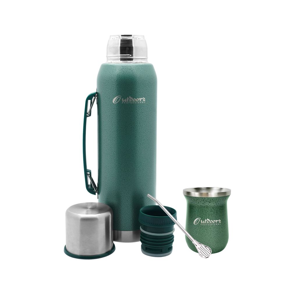 Equipo De Mate Outdoor Kit Matero Color Verde Set Termo + Mate + Bombilla