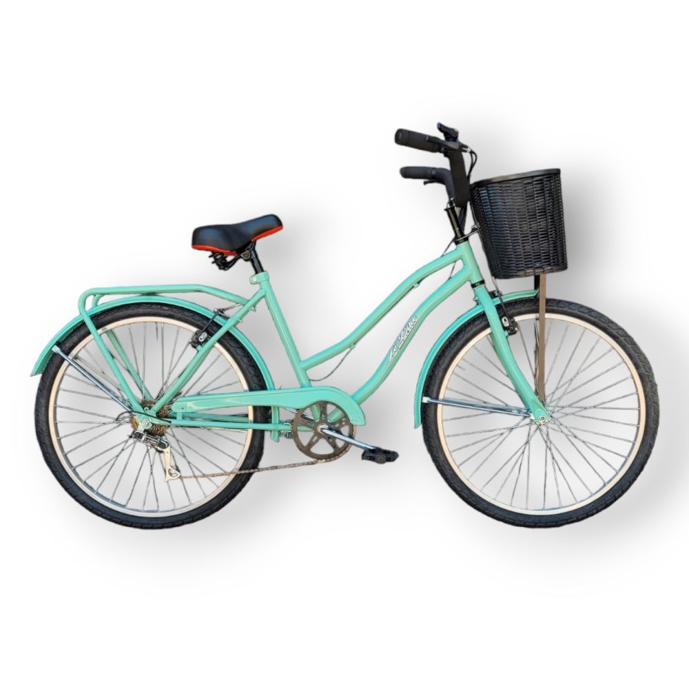 Bicicleta Playera Rodado 26 De Dama Con Porta Y Cambios 6V (Verde Agua)