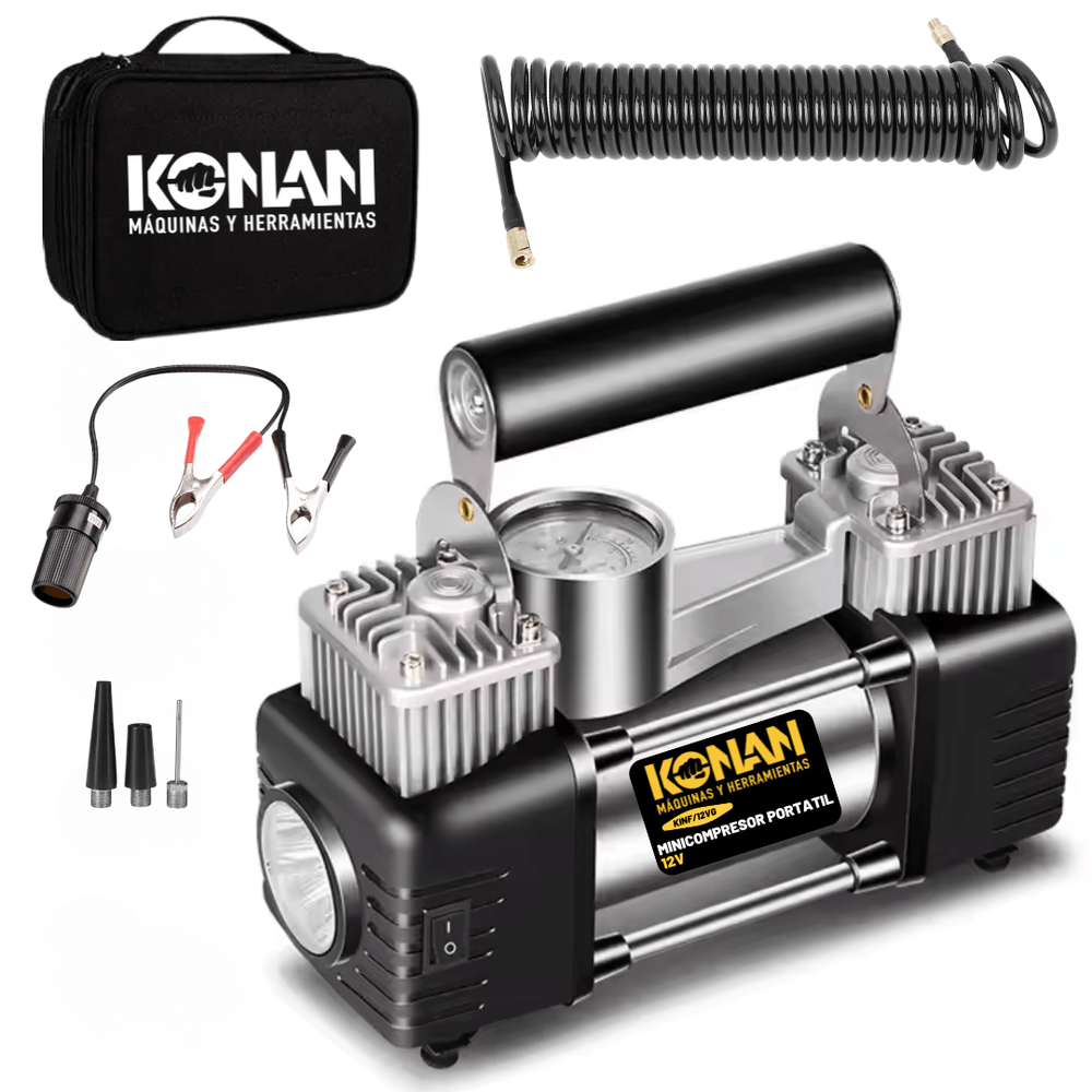 Konan inflador mini compresor 12V Doble Piston 150PSI 65 L/m