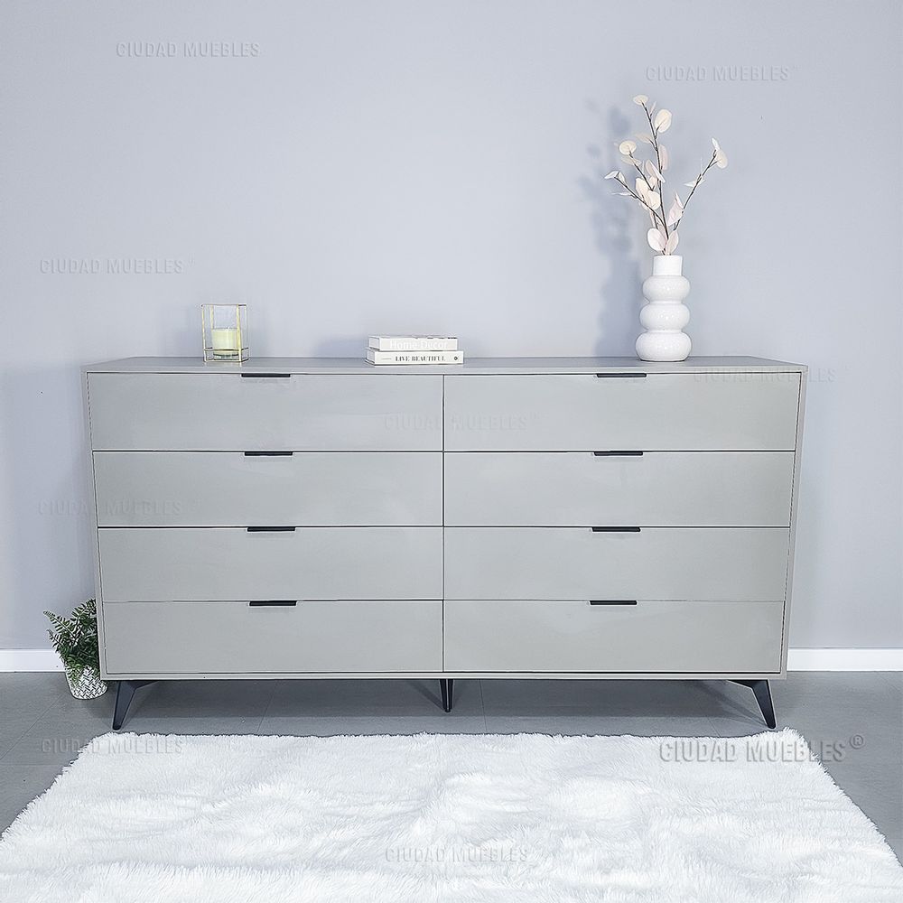 Cómoda con manijas y patas altas de 8 cajones 180x97x40 cm
