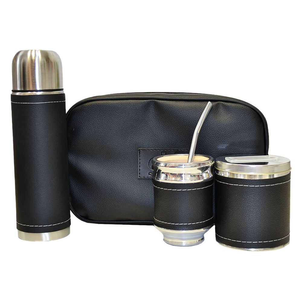 Kit de Bolso de Mano con Termo Ecocuero Negro
