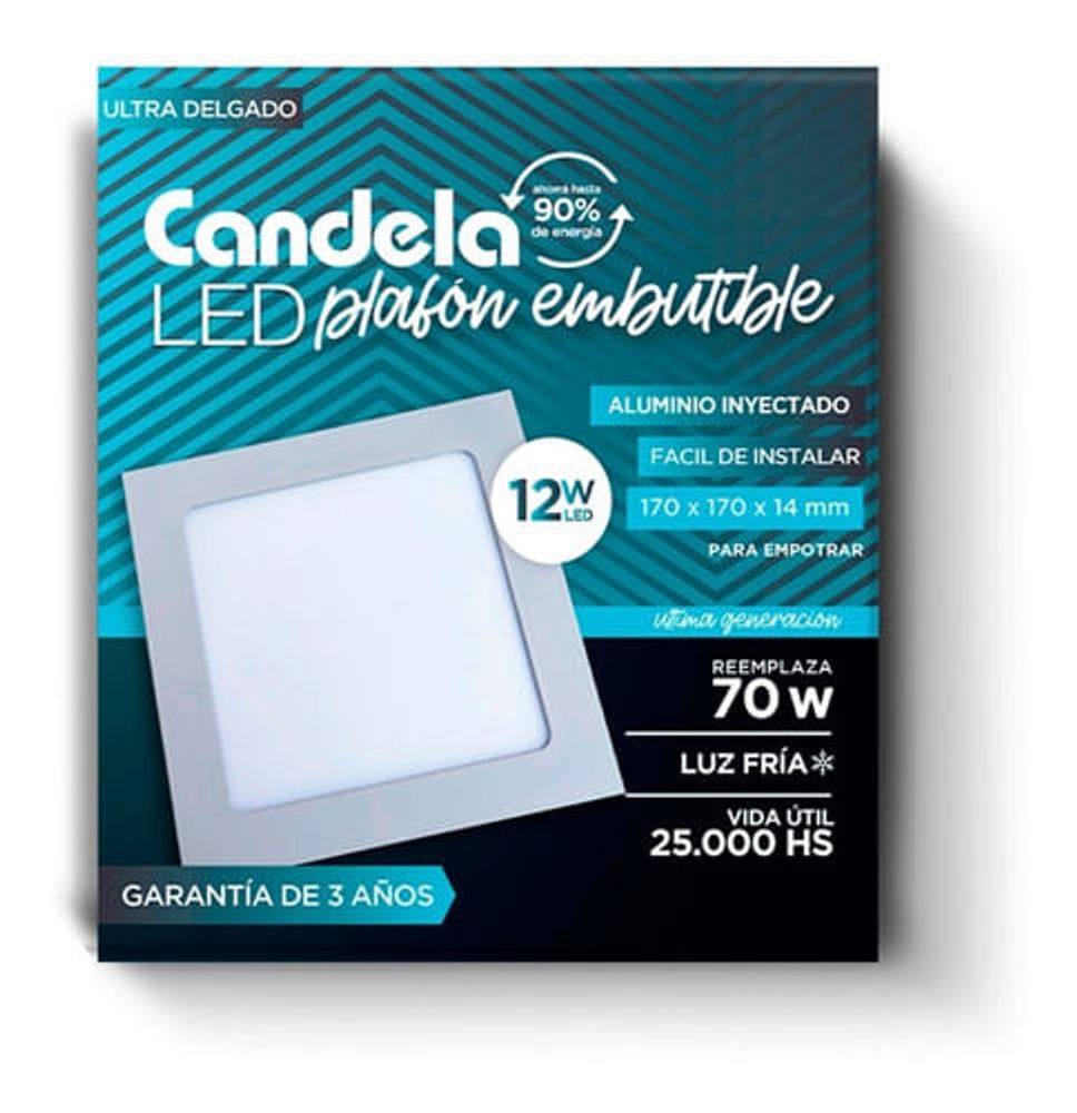 Plafón Led Candela Cuadrado Embutir 12w Reemplaza 70w