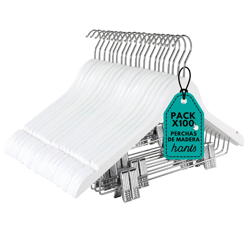 Pack X100 Perchas Blanca De Madera Con Broches Por Mayor