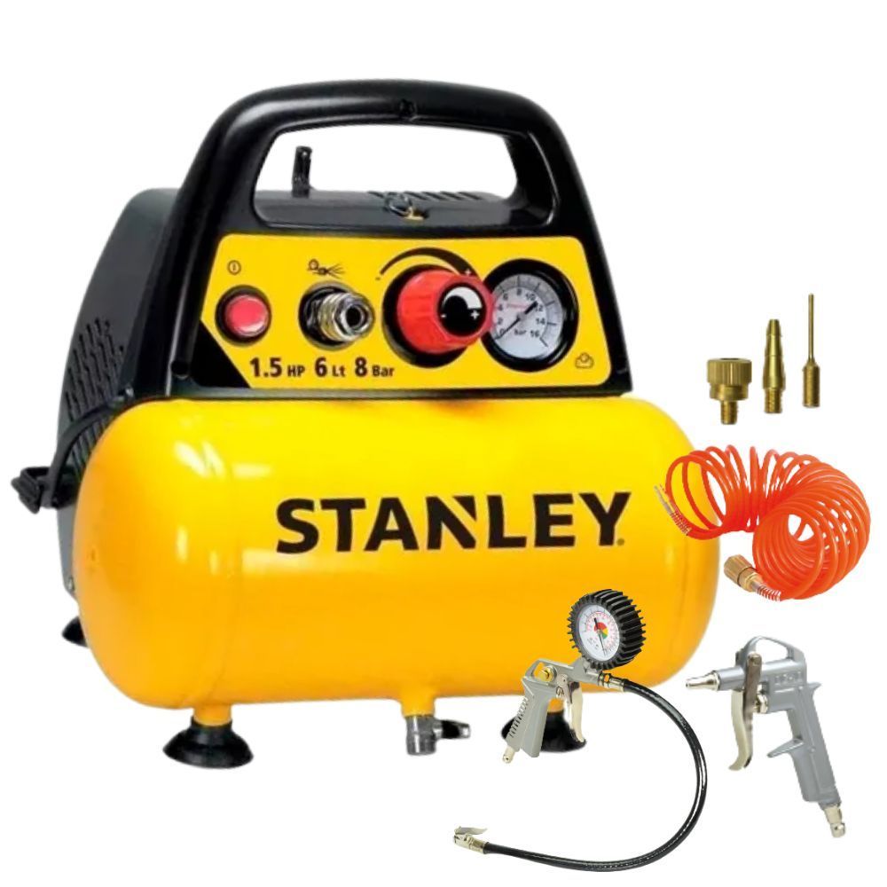 Compresor Compacto Stanley 6lts 1.5hp + Kit Sin Aceite 8 Bar