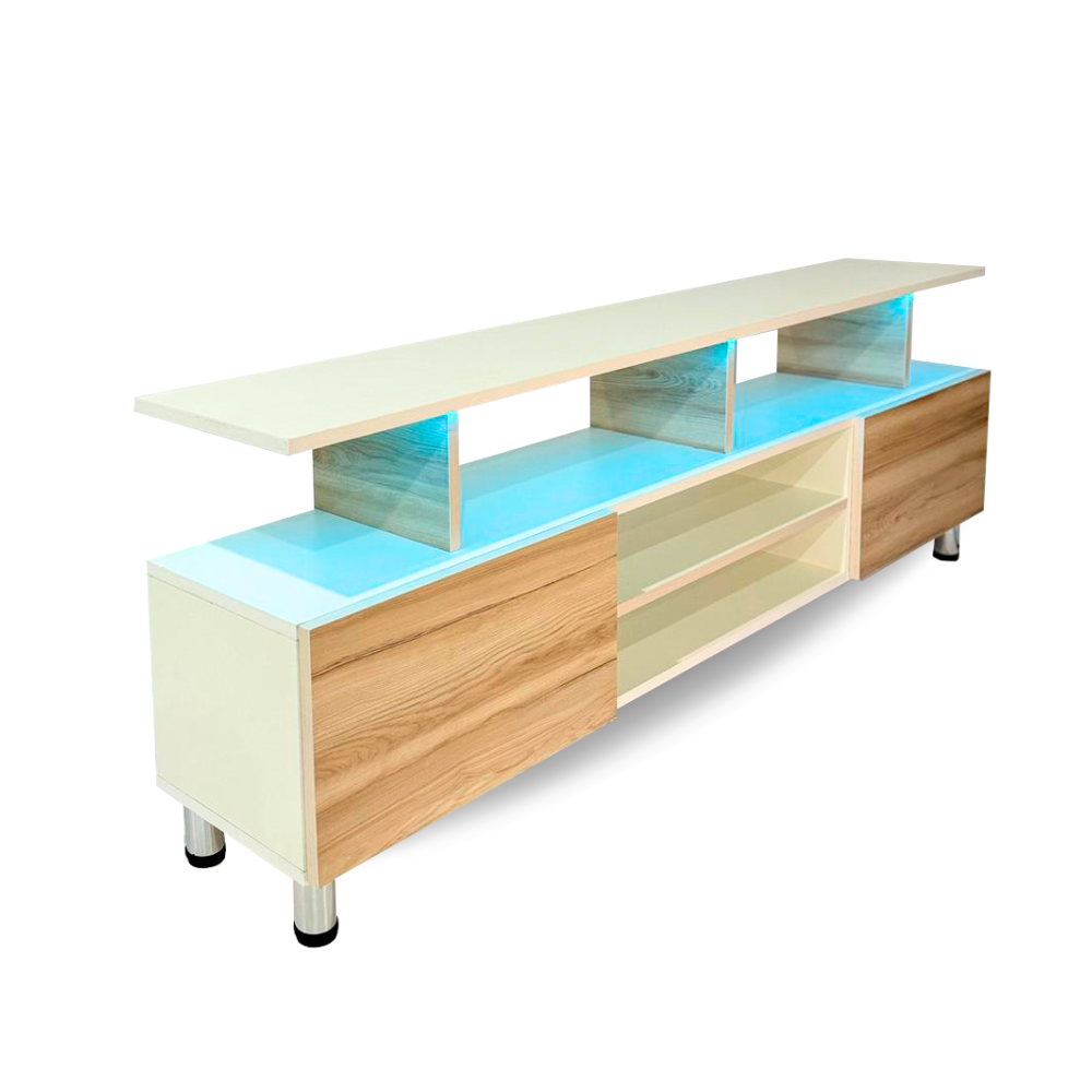 Rack Mueble TV con 2 puertas + LUZ LED Blanco y Orinoco