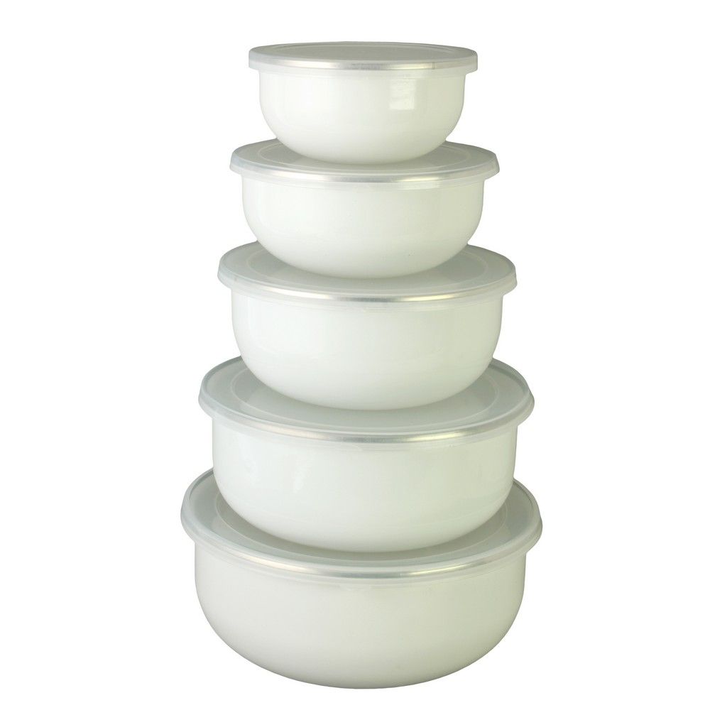 Set De 5 Tupper Blanco Esmaltado Tapa Transparente