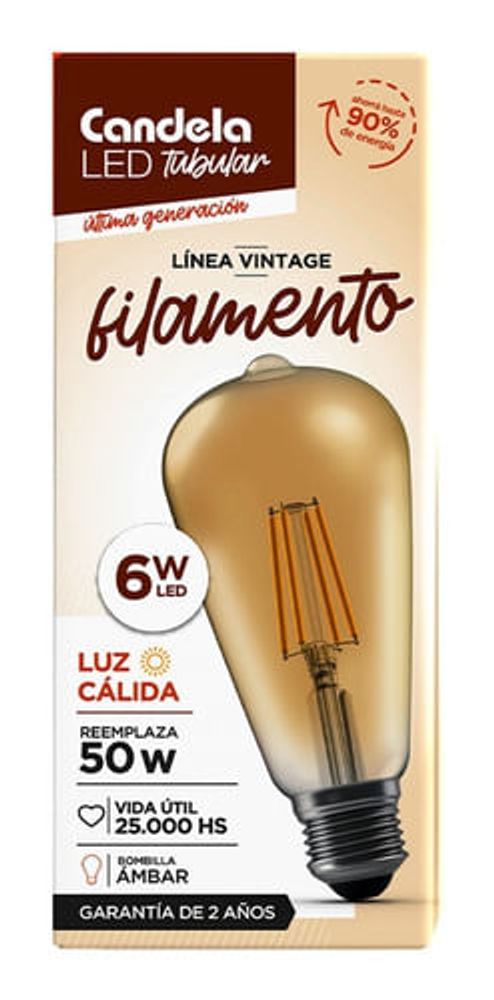 Lámpara Led Candela Filamento Tubular 6w Cálida Ambar