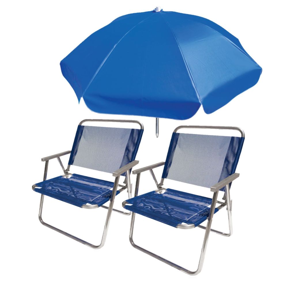 Sombrilla Azul De Playa + 2 Reposeras Plegables Azules