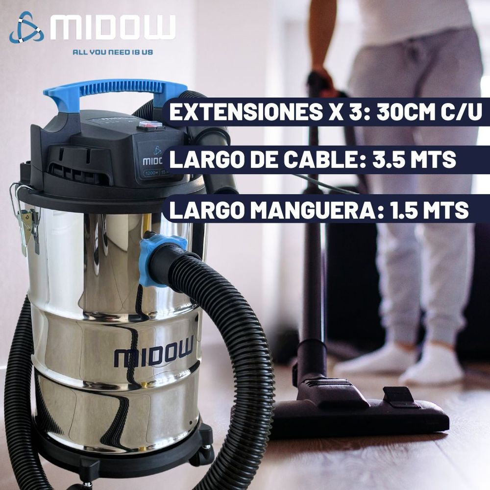 Aspiradora Sopladora Midow 15l 1200w Liquido Polvo Hepa