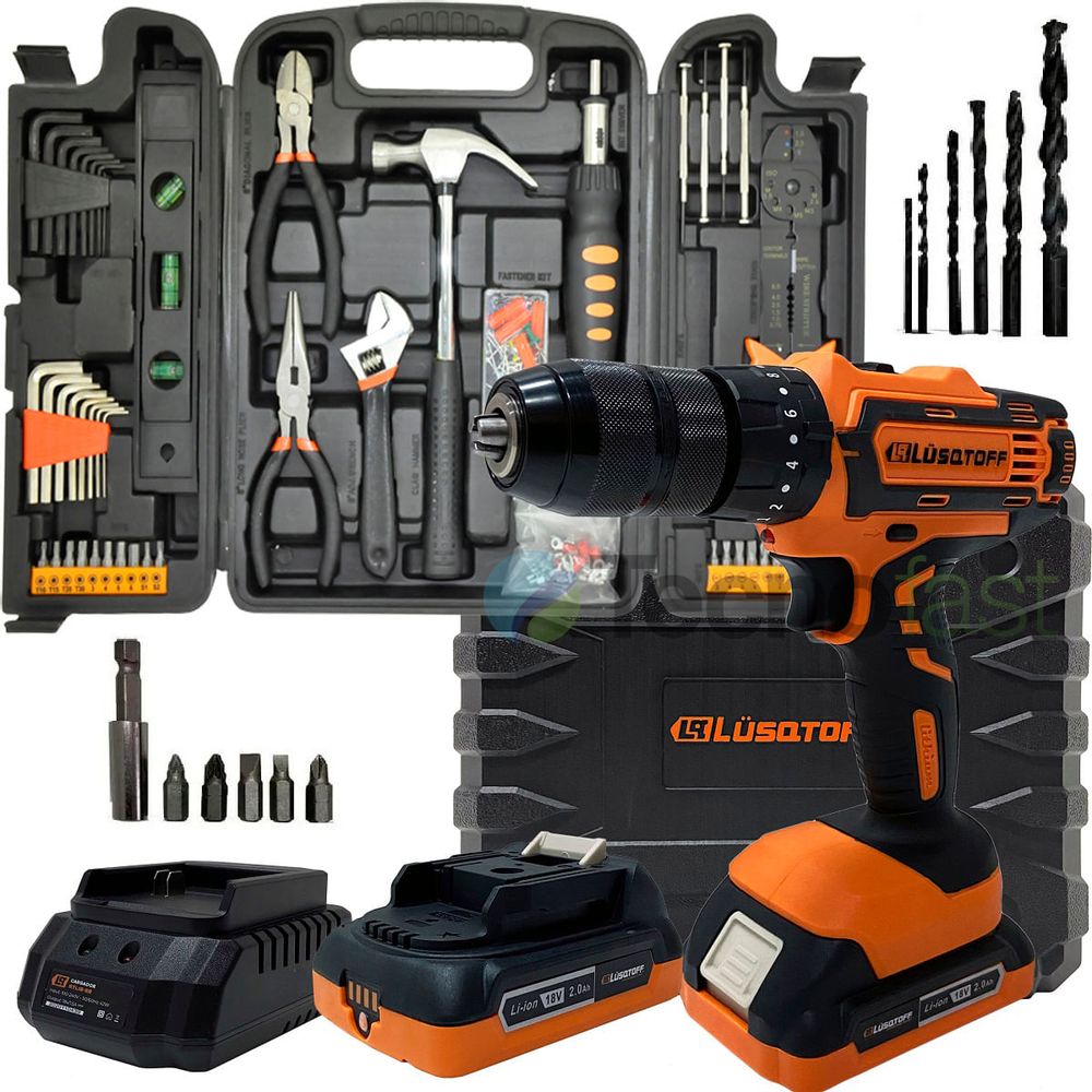 Taladro Percutor Inalámbrico Lusqtoff 18v + Set de 129 pz