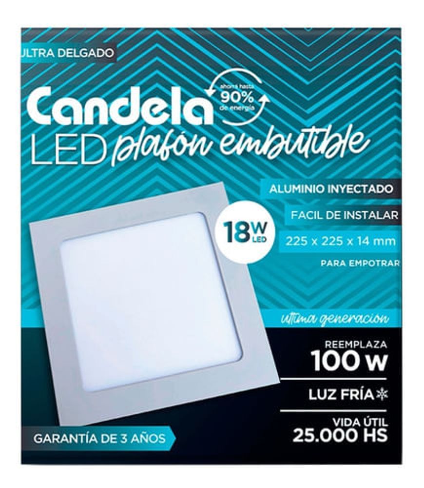Plafón Led Candela Cuadrado Embutir 18w Reemplaza 100w