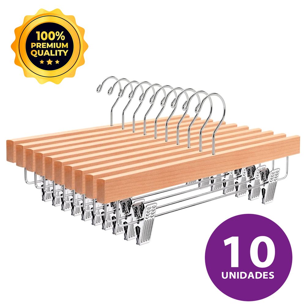 PERCHA MADERA POLLERA PANTALON BROCHE METALICO