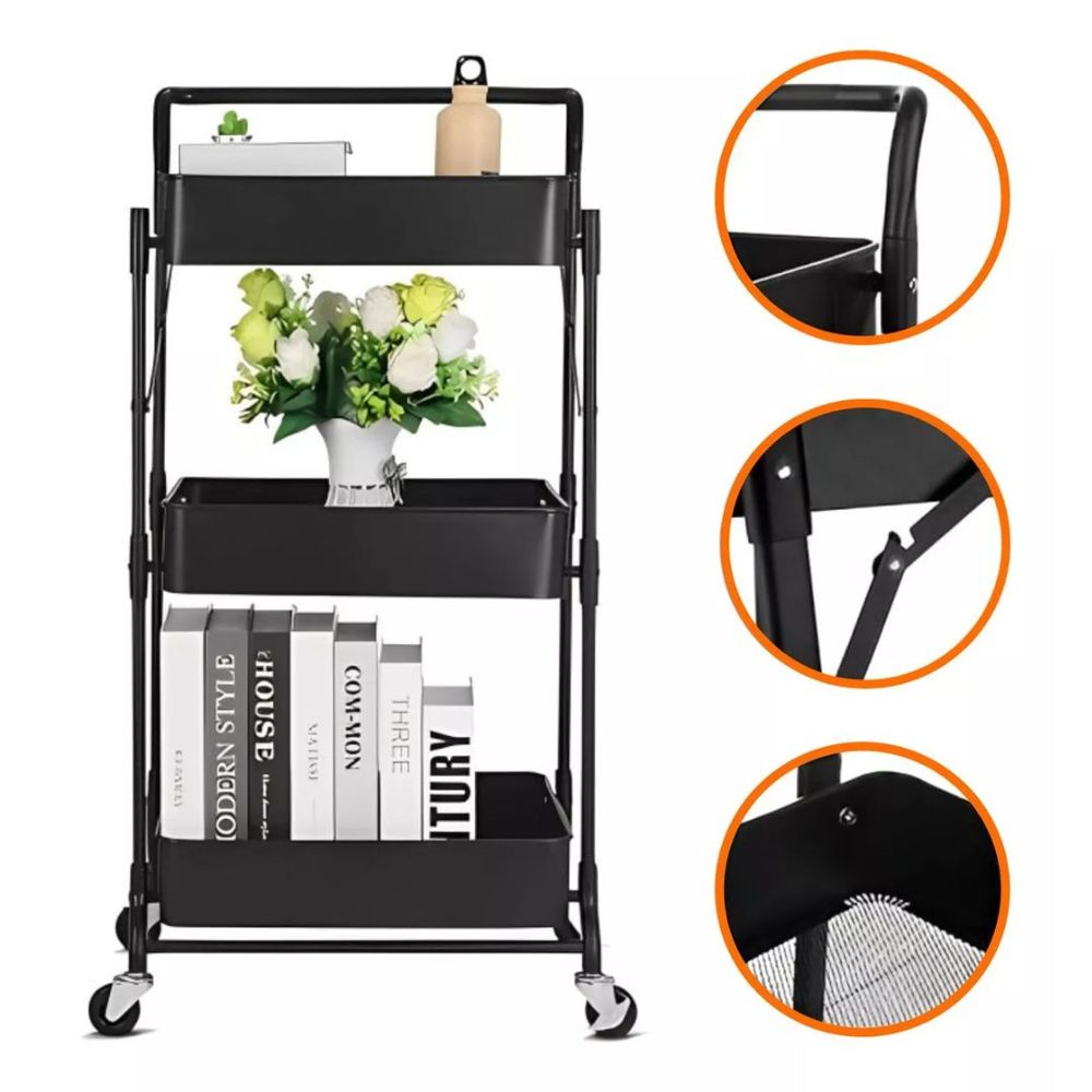 Carrito Organizador Plegable Multiuso 3 Niveles Ruedas 360°