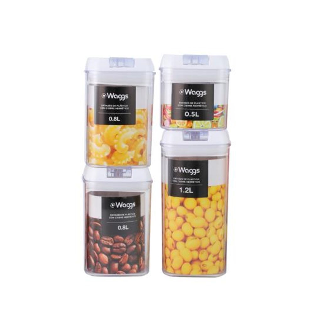Set X4 Frascos Contenedores Hermeticos Waggs Taper Apilables