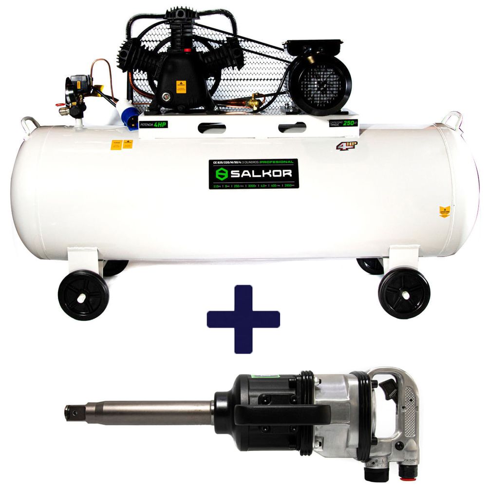 Combo Compresor Monofásico 250 Lt + Llave De Impacto 1"