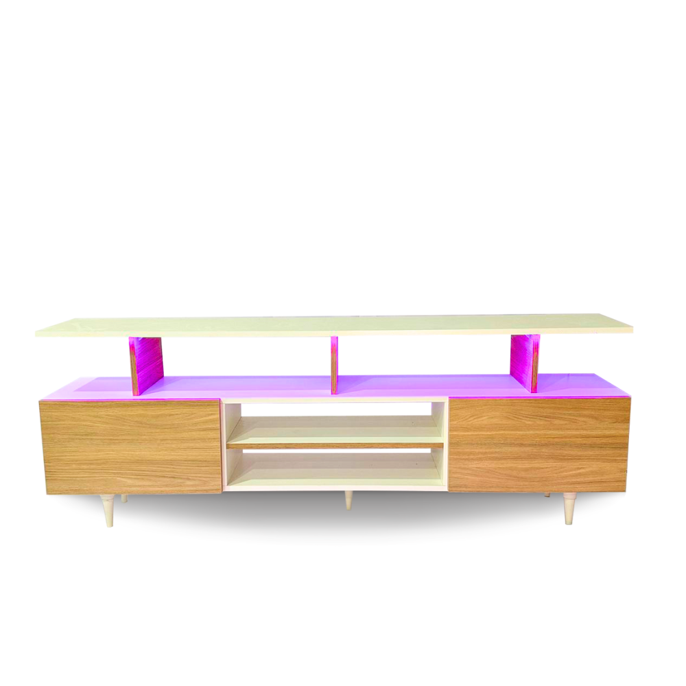 Rack Mueble TV con 2 puertas + LUZ LED Blanco y Camelia