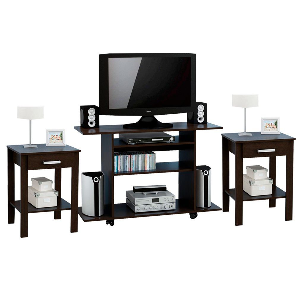 Combo mueble tv con ruedas más 2 mesas de luz wengue