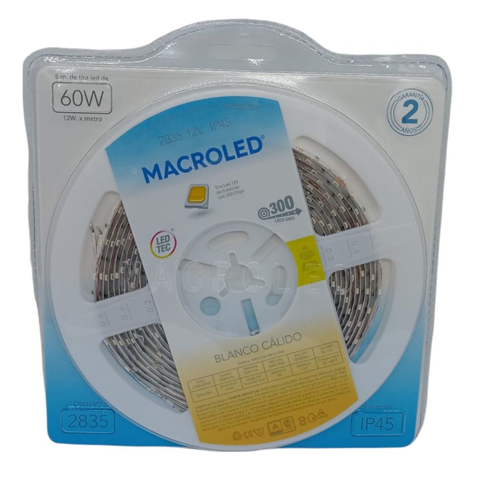 cinta led 60w 12v 2835 ip 45 x 5 mts macroled calido