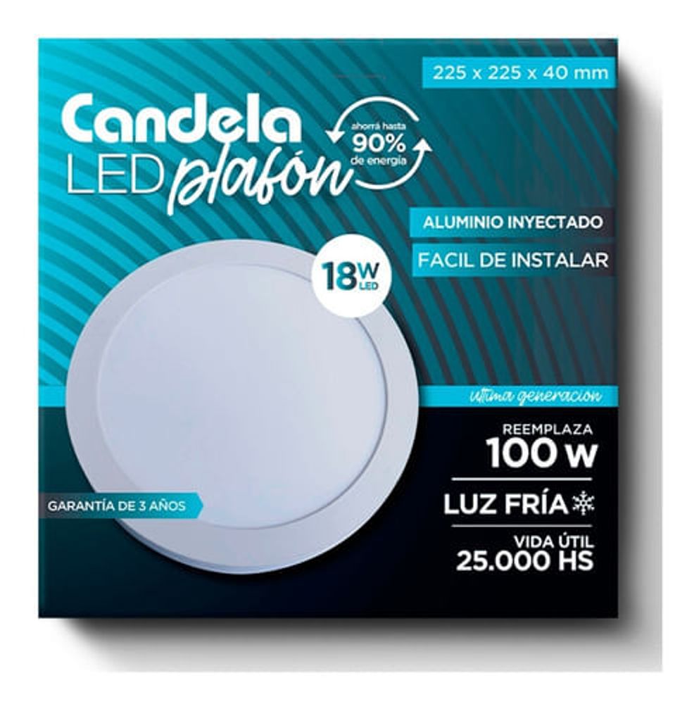Plafón Led Candela Redondo C/ Base 18w Reemplaza 100w 22,5cm
