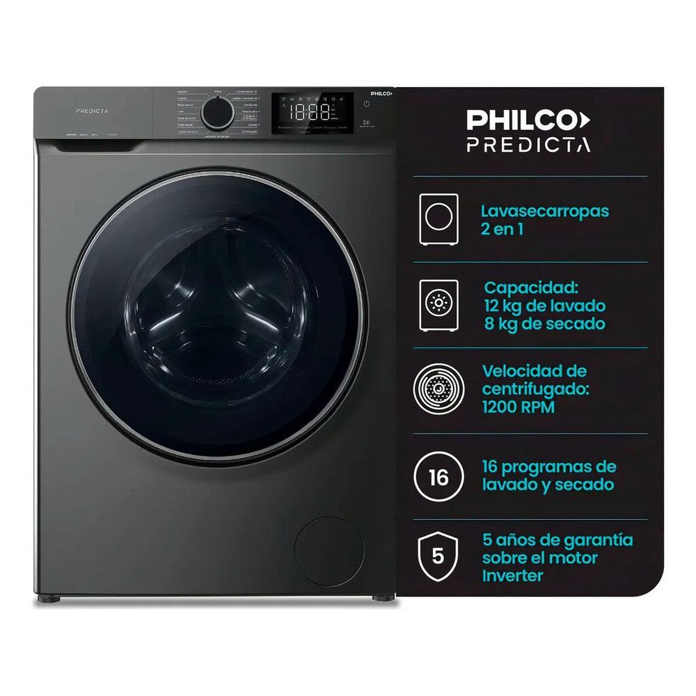 Lavasecarropas PHILCO Predicta inverter 12Kg 1200rpm PHLS128GT Gris oscuro