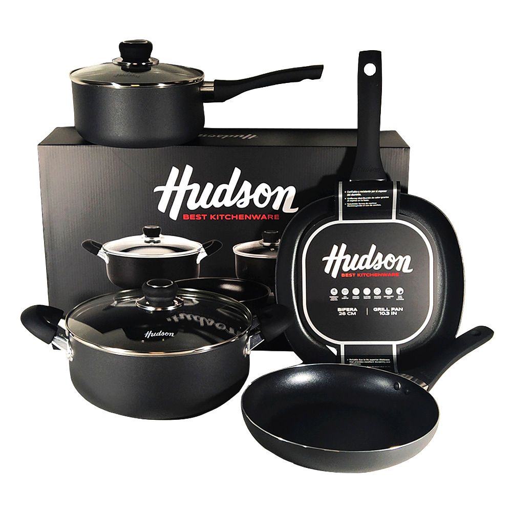 Set Cacerolas + Sarten + Bifera Hudson Teflón Antiadherente Negro