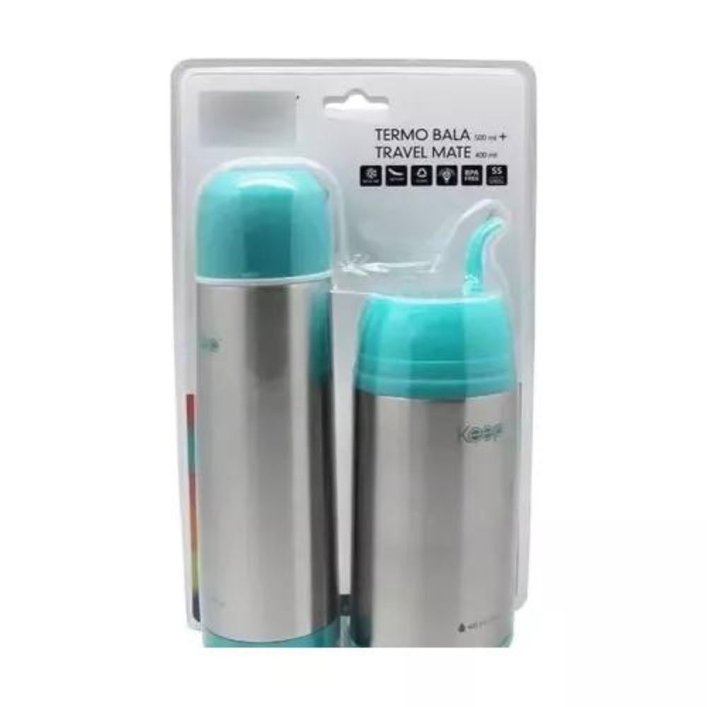 Set Termo Bala Acero 500ml Con Mate Autocebante 400ml Keep Celeste