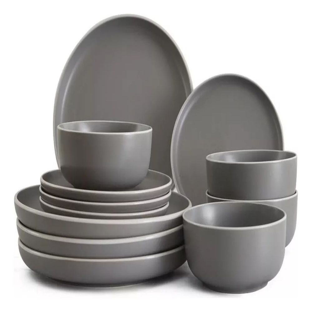 Set x18 Plato Playo + Plato de Postre + Bowl Porcelana Sakura Asphalt Grey