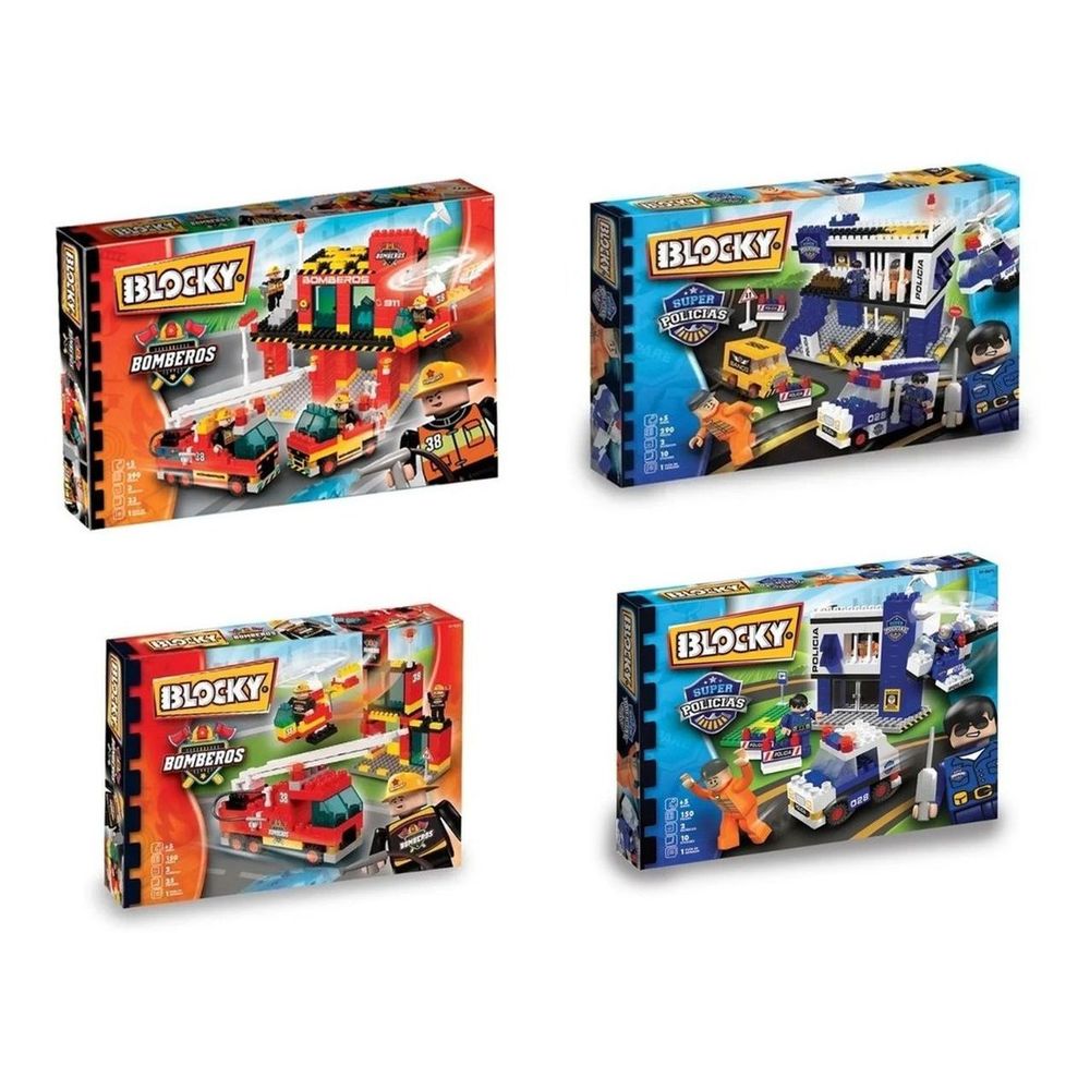 Combo Blocky Bomberos + Blocky Policia 750 Piezas 9 Muñecos
