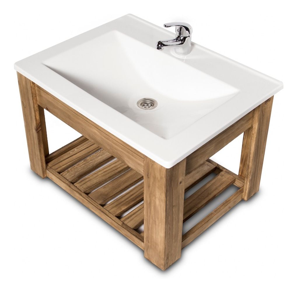 Vanitory Colgante 60cm Madera Maciza Y Bacha Maral Blanca