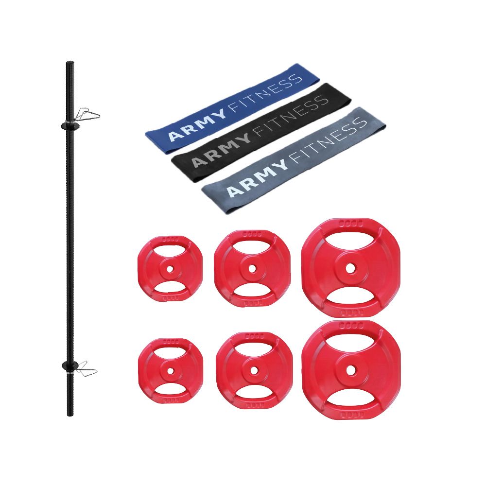 Kit Gym Body Pump Barra+ 17kg Discos Color Rojo+ 3 Theraband